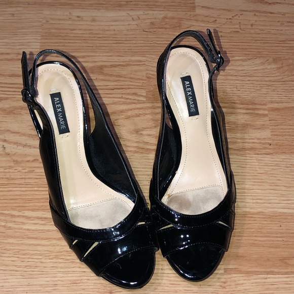 Alex Marie | Shoes | Black Patten Leather Peep Toe Slingback Pumps Heel ...